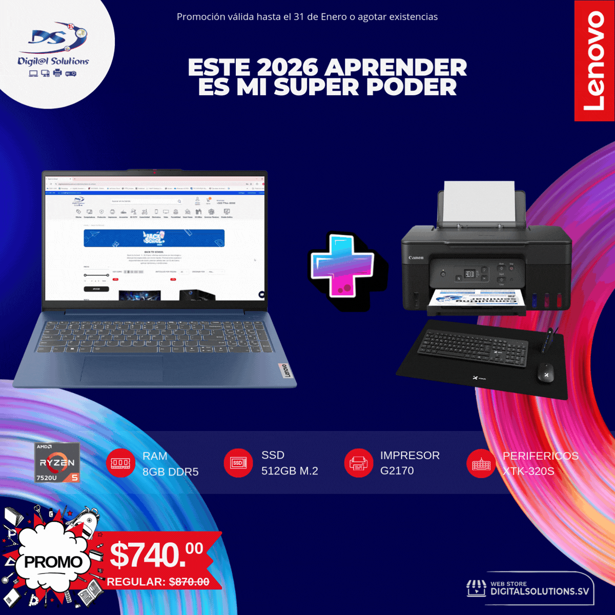 Combo Laptop IdeaPad Slim 3 15AMN8 e Impresora Canon G2170